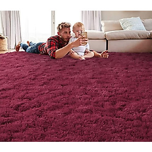 Shaggy 3.2' x 5.2' Area Rug Modern Indoor Plush Fluffy Rugs, Extra Soft Comfy Carpets, Cute Cozy Area Rugs for Bedroom Living Room Girls Boys Kids, Red Wine