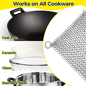 Amagabeli Cast Iron Cleaner 8"x6" Rectangle Metal Scrubber with Hanging Ring 316 Premium Stainless Steel Chainmail Scrubber for Cast Iron Pans CS03
