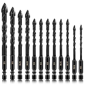 12-PCS Concrete Drill Bit Set & Masonry Drill Bit Set, Cement Drill Bits for Concrete Brick Wall, Tile Glass Ceramic, Masonry Drill Bit 1/8 to 1/2 inch Industrial Strength Carbide Cross Drill Bit Tip