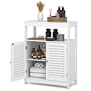 Tangkula Bathroom Storage Floor Cabinet, Free Standing Storage Cabinet with Double Shutter Doors and 3-Position Adjustable Shelves, Wooden Storage Cabinet Organizer for Bathroom, Living Room (White)