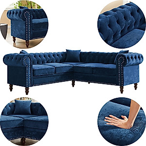 Eafurn 80” L Shaped Chesterfield Sectional, Deep Button Tufted Upholstered Corner Rolled Arm and Nailhead,Classic Symmetrical Sofa & Couches with 3 Pillows,Solid Wood Gourd Legs, Blue