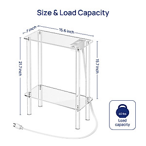HMYHUM Acrylic Narrow Side Table with Charging Station, 7" Width, 2 Tier Small End Table for Small Spaces, Skinny Nightstand/Bedside Table with USB Ports & Outlet, Clear