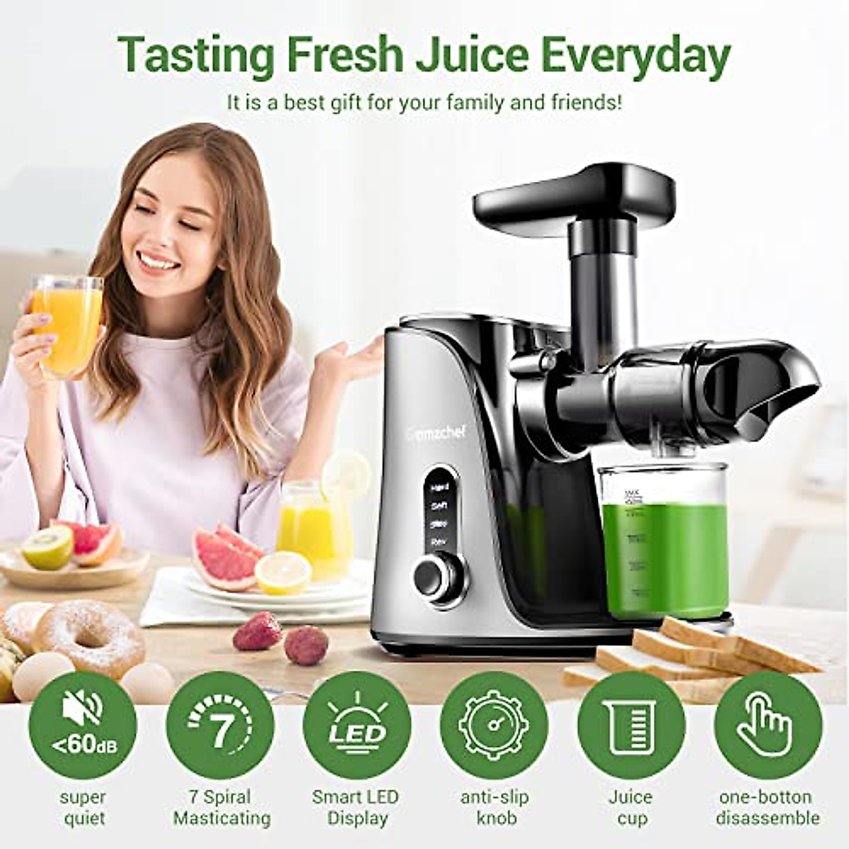 Juicer Machines,AMZCHEF Slow Masticating Juicer Extractor, Cold Press Juicer with Two Speed Modes, Travel bottle(500ML),LED display, Easy to Clean Brush & Quiet Motor for Vegetables&Fruits,Gray