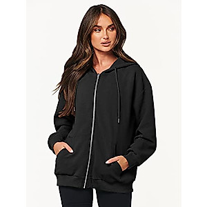 ANRABESS Women's Zip Up Hoodie Oversized Fall Sweatshirts Y2k Jacket Rib Knitted Casual Long Sleeve Shirts Comfy Clothes Black 931heise-XL