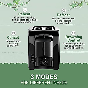 KETIAN Toaster 2 Slice Small Compact Electric Bread Black Tosterster，6 Toast Settings, Cancel, Reheat, Defrost Functions, Removable Crumb Tray, 800W(Black）