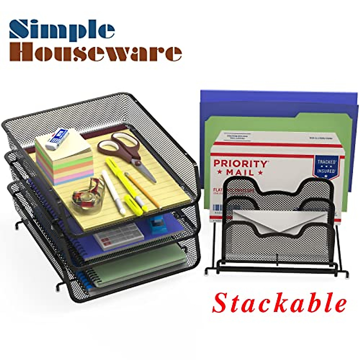 SimpleHouseware 3-Pack Stackable Desk File Document Letter Tray w/ 5 Compartments Step File Organizer, Black