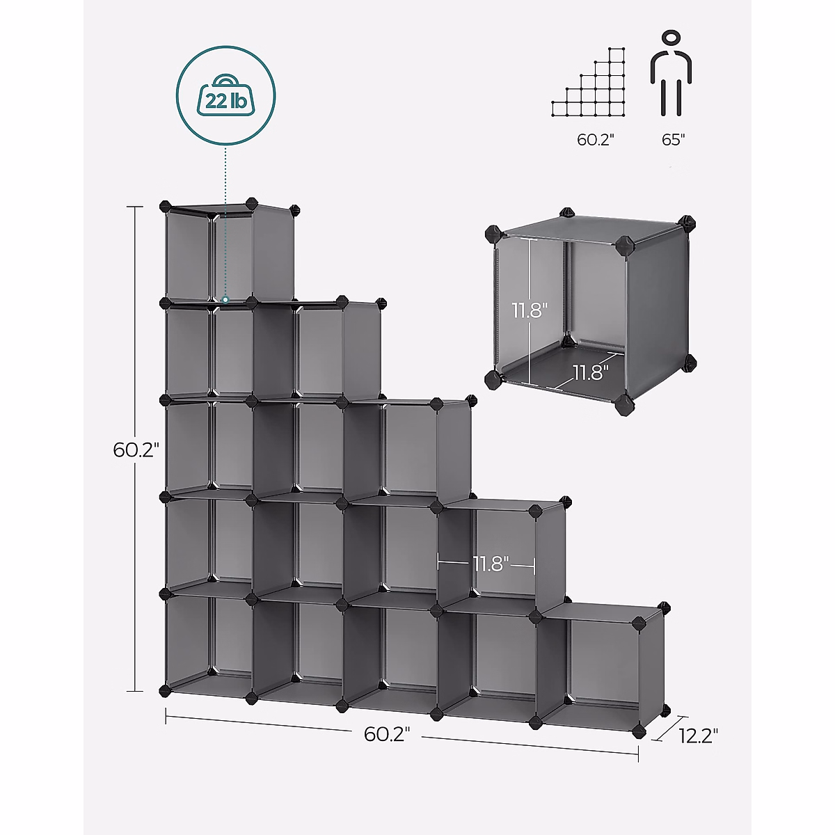 SONGMICS Cube Storage Organizer, Set of 16 Plastic Cubes, Book Shelf, Closet Organizers and Storage, Room Organization, Bedroom Living Room, 12.2 x 48.4 x 48.4 Inches, Gray ULPC442G01