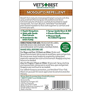 Vet's Best Mosquito Repellent for Dogs and Cats | Repels Mosquitos with Certified Natural Oils | Deet Free | 8 Ounces