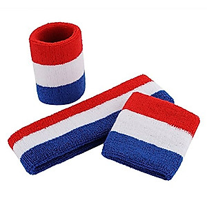 ONUPGO Sweatband Set Premium Sports Headband Wristband Set Sweatbands Terry Cloth Wristband Wrist Sweatband Headbands Moisture Wicking Sweat Absorbing Head Band Red/White/Blue