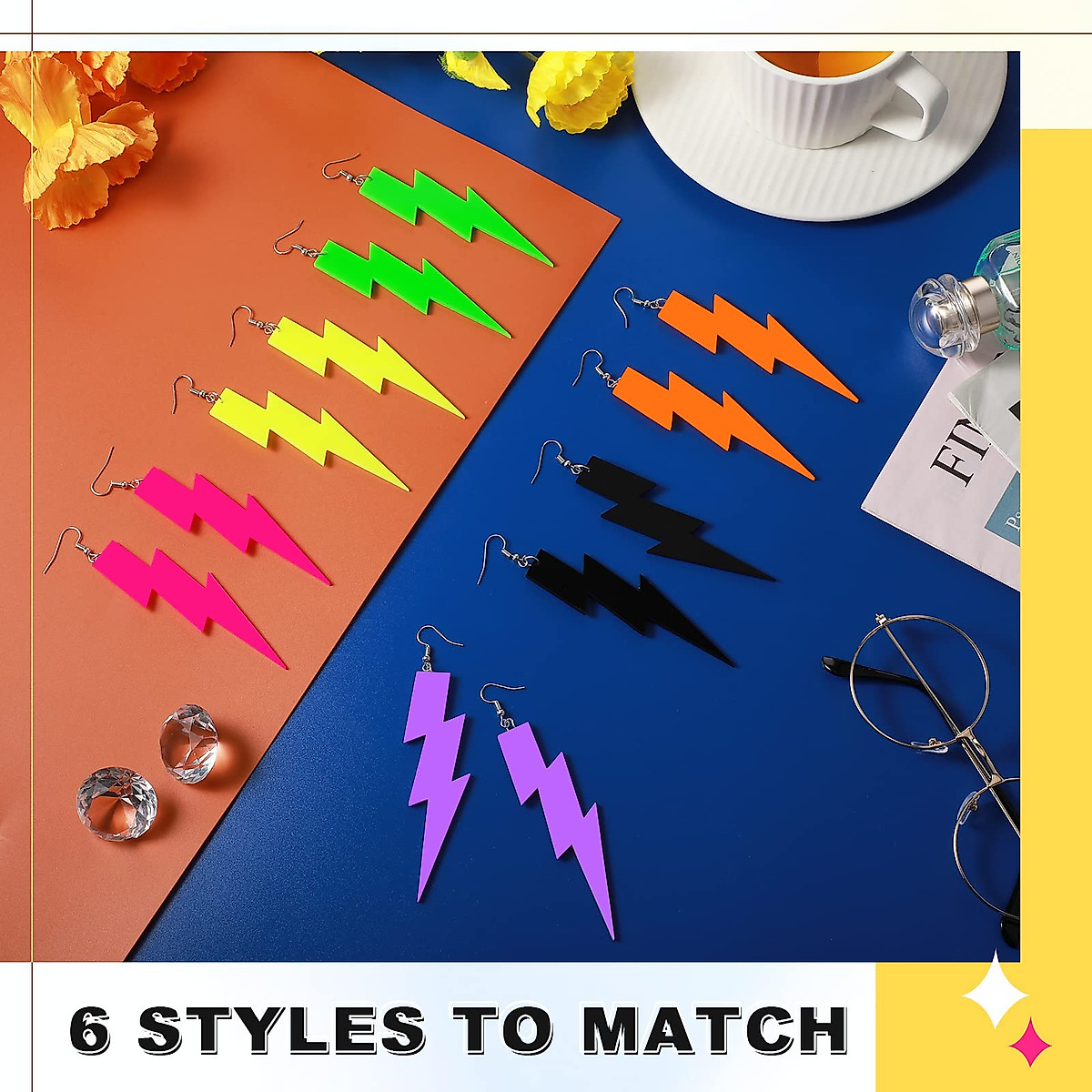 Yinkin 6 Pairs 80s 90s Neon Earrings for Women Retro Neon Earring for 80s 90s Women Outfit Accessories, 6 Colors(Lightning)