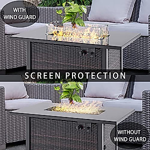 CUREALLSO Propane Gas Fire Pit Table, 43 Inch 50,000 BTU Rattan Look Auto-Ignition Outdoor Fire Tables, with Glass Wind Guard ,Waterproof Cover,CSA Approved for Garden Patio Backyard Deck Poolside