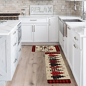 Artoid Mode Red Xmas Trees Ball Joy Snowflakes Christmas Kitchen Mats Set of 2, Winter Decor Low-Profile Kitchen Rugs for Floor - 17x29 and 17x47 Inch