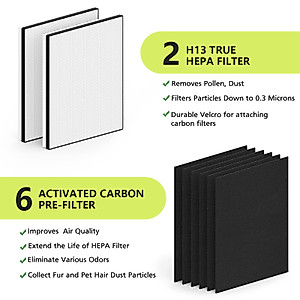 FMDZFL MD1-0022 Replacement Filter, 2 True HEPA Filter MD1-0022+ 6 Activated Carbon Pre-Filter MD1-0023, Compatible with Vornado Models AC300, AC350, AC500, AC550, PCO200, PCO300, PCO375DC, PCO500.