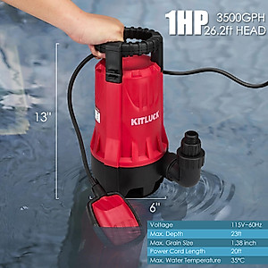 KITLUCK Sump Pump, 1HP 3500GPH Submersible Water Pump with Float Switch, 20ft Rubber Cord, Portable Handle, Sump Pump for Pool Draining, Remove Clean/Dirty Water for Flood Basement, Garden, Pond, Tub
