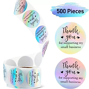500 Pieces 1.5'' Thank You for Supporting My Small Business Stickers Roll Stickers Adhesive Holographic Stickers Rainbow Stickers for Business Online Retailers Boutiques Shops