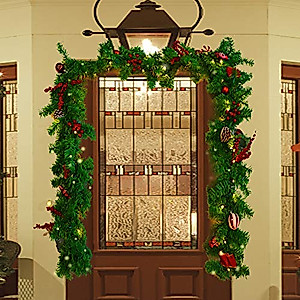 MorTime 9 FT LED Christmas Garland with Pinecones Red Berries Bows Christmas Balls Candies, Multi-Function Christmas Garland with 50 Warm White LED Lights, 180 Branch Tips