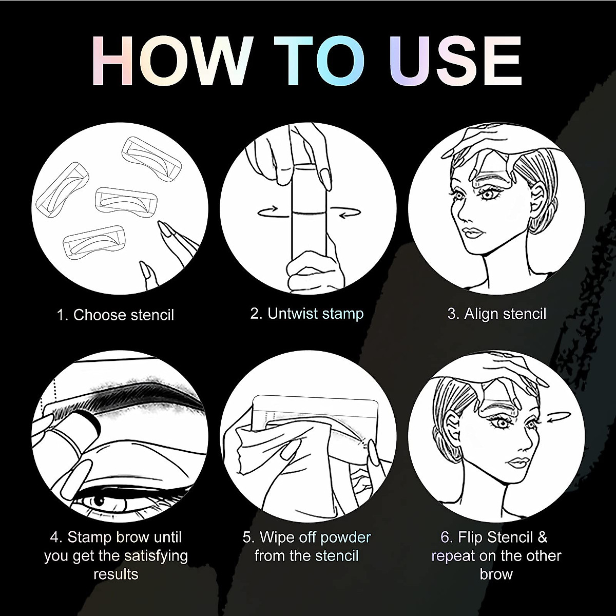 Eyebrow Stamp Stencil Kit (Black),Eye Brow Stamping Kit with 10 Reusable Eyebrow Stencils and 2 Eyebrow Brushes, Long Lasting Waterproof Hairline Shadow Powder