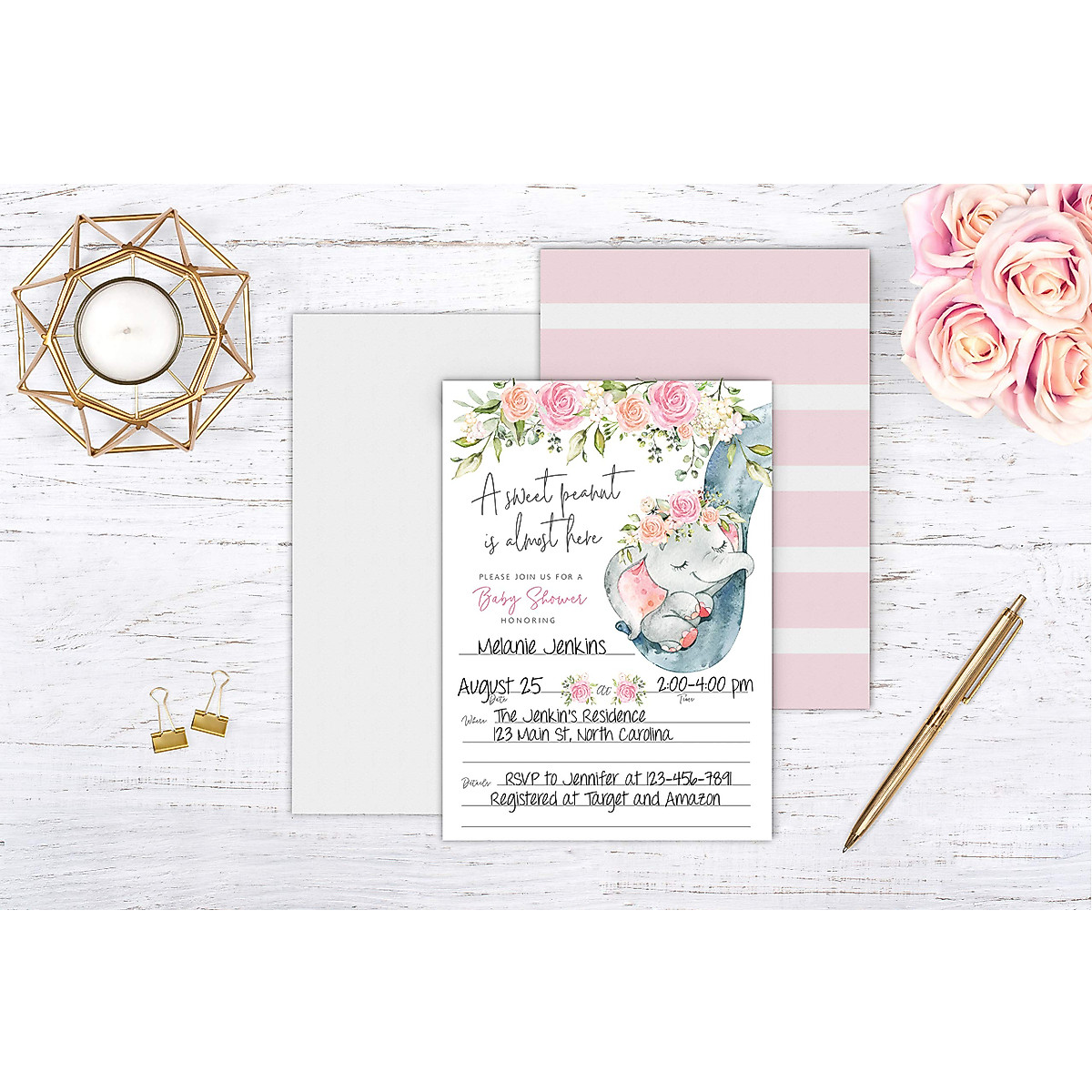 Your Main Event Prints Elephant Girl Baby Shower Invitations, Peanut Baby Shower Invites with Diaper Raffles Cards, Sprinkle, 20 Invites