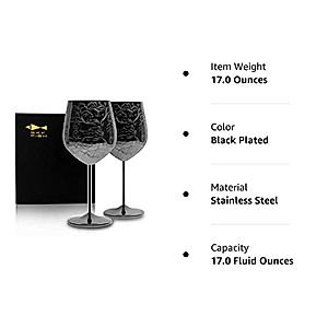 Sky Fish Stainless Steel Wine Glasses with Black Plated,Etched with Intricate and Authentic Baroque Engravings,Royal Style Wine goblets,Set of 2(17oz)