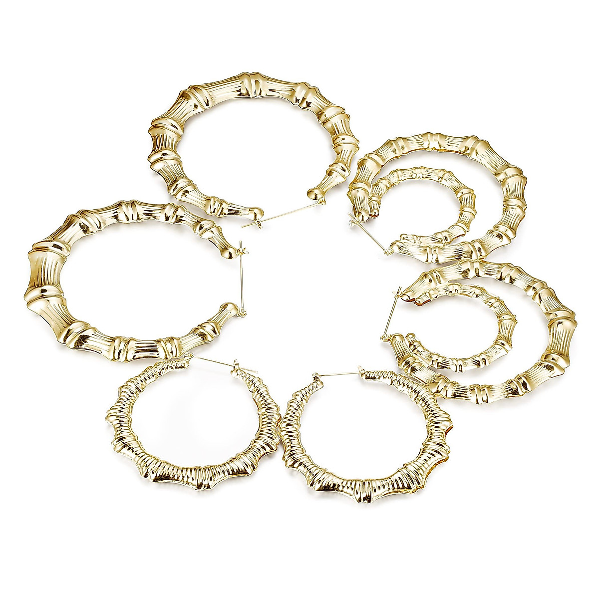 Hanpabum 3 Pairs Bamboo Earrings Large Hoop Earrings Set Gold Tone Round Statement Hip-Hop Earrings For Women (A)