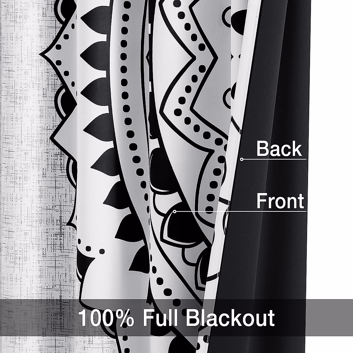 FMFUNCTEX 100% Blackout Curtains for Bedroom, Black Medallion Patterned Curtains 96 Inches Long for Living Room, Mandala Thermal Insulated Drapes Room Darkening Grommet Top 2 Panels