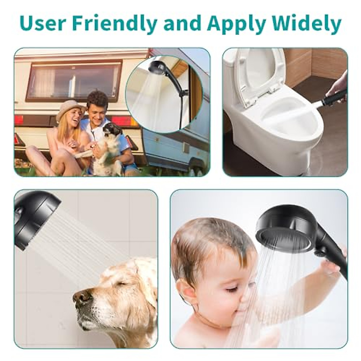 MIAOHUI Modern Handheld Shower Head with On/Off Switch, 3 Spray Settings, Removable Shower Head with Hose, Angle Adjustable Shower Bracket, Teflon Tape, Black