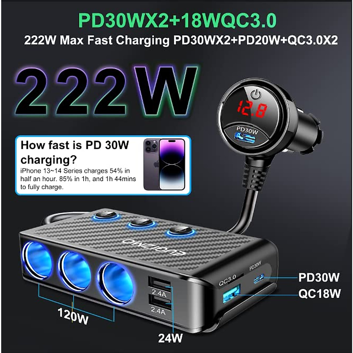 Car Cigarette Lighter Adapter, Dual USB C PD30W 3-sockets car Cigarette Splitter & QC 3.0 Fast car Charger for 12V/24V Vehicles, 222W LED Indicator & Independent Switches for GPS/Dash Cam/Phone