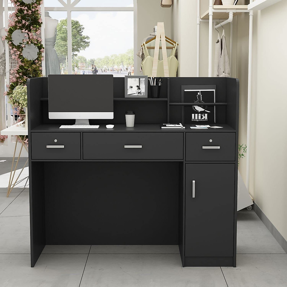 DiDuGo Reception Desk Counter Desk for Checkout & Retail, Front Counter Table with Large Storage, Silver Tapes, for Office Boutique Spa Black (47.3”W x 18.3”D x 43.3”H)