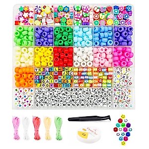 Luwanio Bracelet Making Kit, Pony Beads Polymer Clay Beads Smiley Beads Letter Beads for Bracelets Jewelry Making, DIY Arts and Crafts Gifts for Girls Age 6 7 8 9 10-12