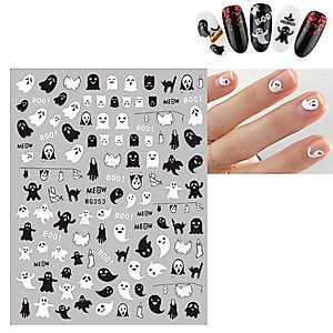 JMEOWIO 8 Sheets Cute Halloween Nail Art Stickers Decals Self-Adhesive Pegatinas Uñas Horror Skull Pumpkin Ghost Witchy Spider Web Bat Spook Nail Supplies Nail Art Design Decoration Accessories