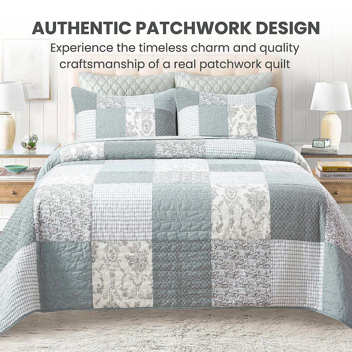 Soul & Lane Memory Lane 3-Piece Cotton Quilt Set - Queen Size with 2 Shams, Sage Green Patchwork Quilted Comforter, Lightweight Country Pieced Bedspread, Neutral Modern Farmhouse Bedding