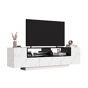 HOMFAMILIA 70in LED TV Stand for 75 Inch TV, Large Gaming Entertainment Center with Storage Cabinets and Open Shelves, Modern TV Console for Living Room, Bedroom(White Marble)
