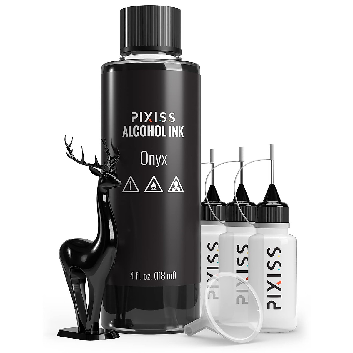 Black Alcohol Ink for Resin - Alcohol Ink Black Onyx Color 4-Ounce for Epoxy Resin, Tumblers, Resin Art, Alcohol Ink Paper, Black Pigment Ink, 3 Pixiss Needle Tip Applicator Bottles and Funnel