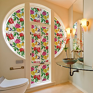 DKTIE Flower Series Stained Glass Window Film with Installation Kit, Decorative Window Privacy Film Sun Blocking Heat Control Static Cling Window Film Frosted Glass Film (A, 17.7 x 78.7 Inch)