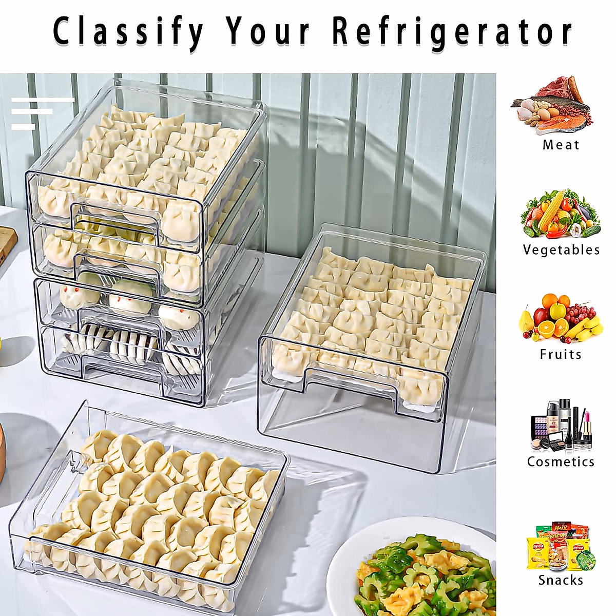 MANO Stackable Refrigerator Drawers Pull Out Bins Double Layer Fridge Organizer Refrigerator Organizer Box Clear Plastic Food Storage Containers Set Produce Saver for Pantry, Freezer, Kitchen Cabinet