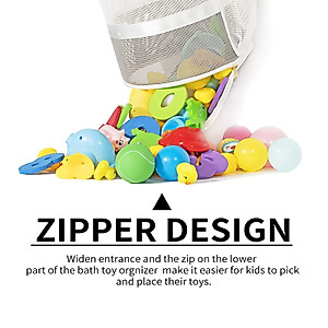 Quick Scoop Mesh Bath Toy Organizer for Tub with YKK Zipper，Multiple Ways to Hang, Ultra Large Capacity & Large Opening, Bathroom Toy Holder, Baby Bath Toys Storage Bag with 2 Side Pockets (White)