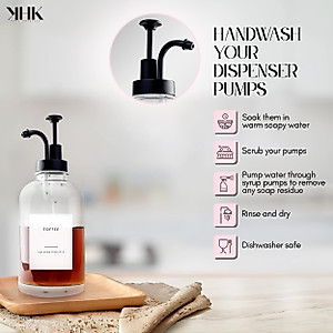 KHK Home Products | Coffee Syrup Dispensers for Coffee Bar | Waterproof Labels | Two Stainless Steel Coffee Spoons for Coffee Bar Accessories | Glass Syrup Bottle w/Pumps | Set of 2 | Black