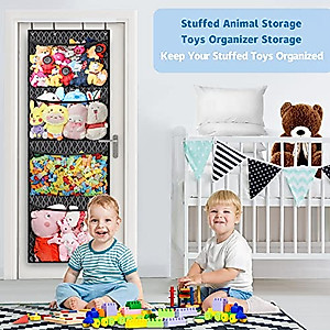 Melpler Stuffed Animal Storage - Stuffed Animal Holder, Hanging Stuffed Animal Organizer for Nursery, Over the Door Organizer for Stuffies, Toy Plush Storage with 4 Hooks 3 Support Rods(Grid Black)
