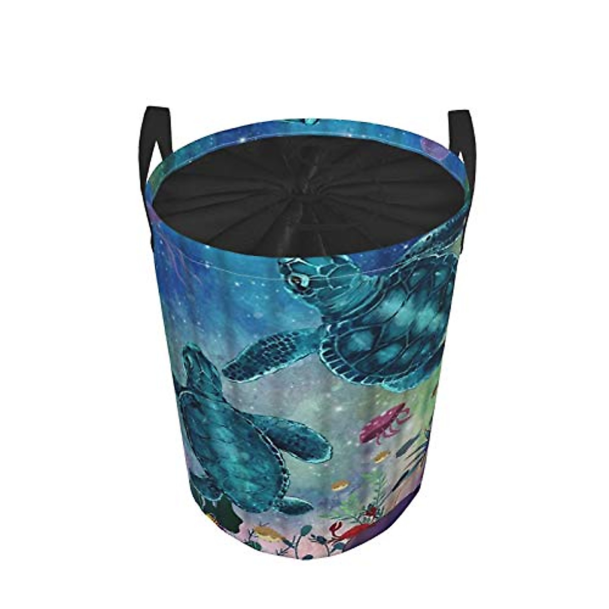 Round Storage Basket with Handles,Sea Turtle Ocean Creature Landscape Underwater Fish Seaweed Jellyfish Coral,Waterproof Coating Organizer Bin Laundry Hamper for Nursery Clothes Toys 21.5"x 16.5"
