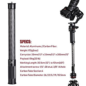 Carbon Fiber Extension Pole,Fast Twisting Lock 4 Section Tube,1/4" Screw Mount Compatible with Camera Phone Gimbal Stablizer Gopro DJI Osmo,Lightweight Digital Camera Selfie Stick