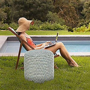 LR Home Interwoven Coastal Delight Indoor Outdoor Pouf, Blue/Green/White, 20" x 20" x 20"