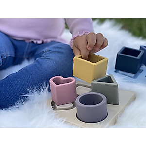 BraveJusticeKidsCo. Early Education Silicone Baby Puzzle | Stacking Building Blocks Toddler Toys (Cream)