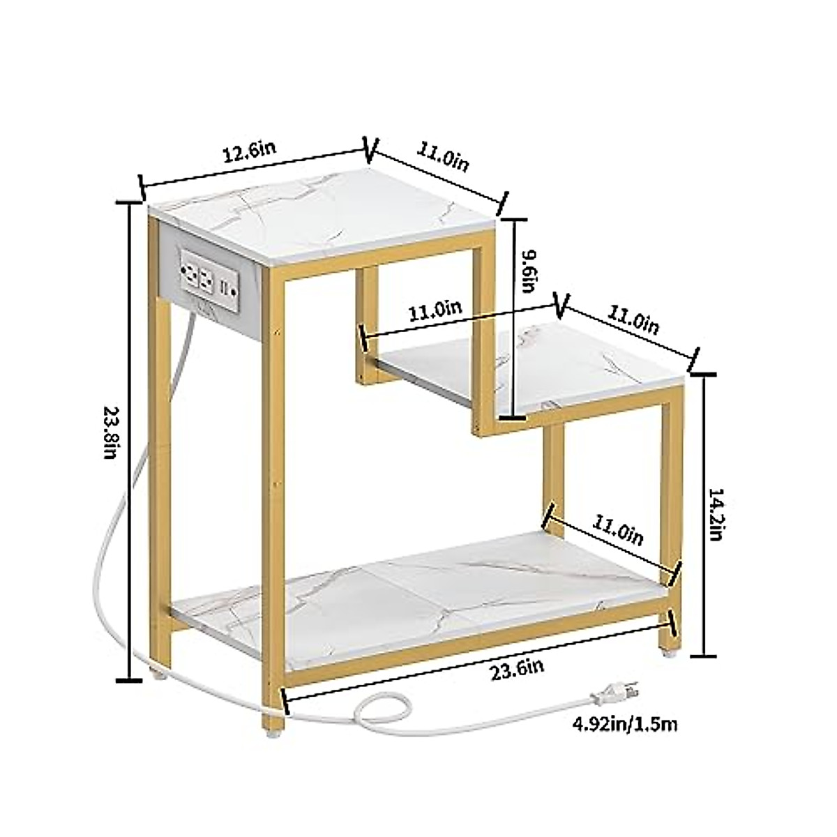 Snughome End Table with Charging Station, Narrow Side Table, 3 Tier Modern Nightstand with USB Ports and Outlet, Sofa Beside Table for Living Room, Bedroom，White and Gold