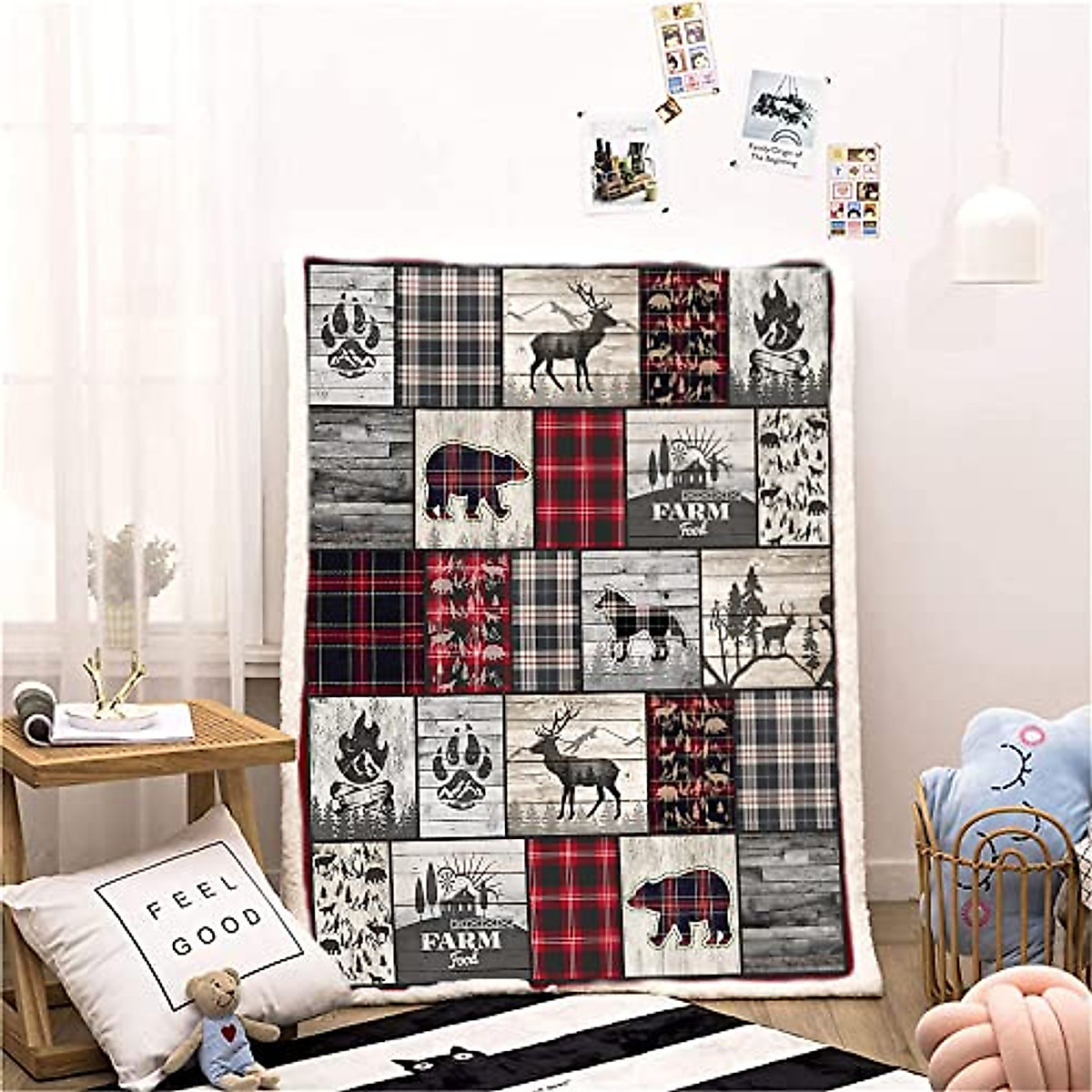 Wolf Bear and Deer Throw Blanket Rustic Cabin Decor Woodland Blanket Plaid Christmas Blanket Gifts for Women Southwestern Farmhouse Decor for Couch Bed Livingroom