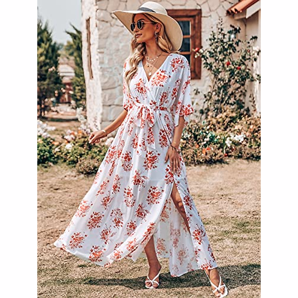 ANRABESS Women Kimono Summer Side Split Wrap V Neck Short Sleeves Maxi Dress Floral Print Beach Dress with Belt 487honghuacao-XL
