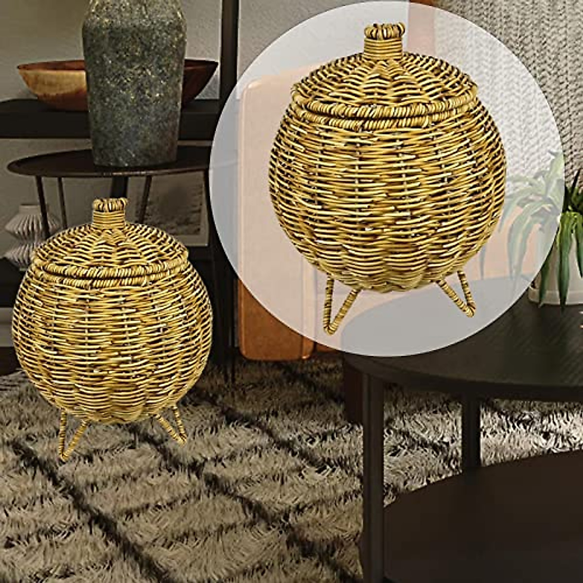 Colcolo Retro Style Rattan Round Serving Basket with Lid Handmade Woven Art Decor Storage Tray Bouquets for Organizing Home Decorative Tabletop, Imitation Rattan