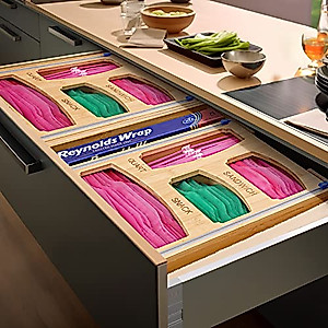 Ziplock Bag Storage Organizer, Expandable Kitchen Drawer Dispenser for Food Storage Bag, Bamboo Holder with Slide Cutter, Suitable Gallon, Quart, Sandwich, Snack Bags and 12" Aluminum Foil & Wax Paper