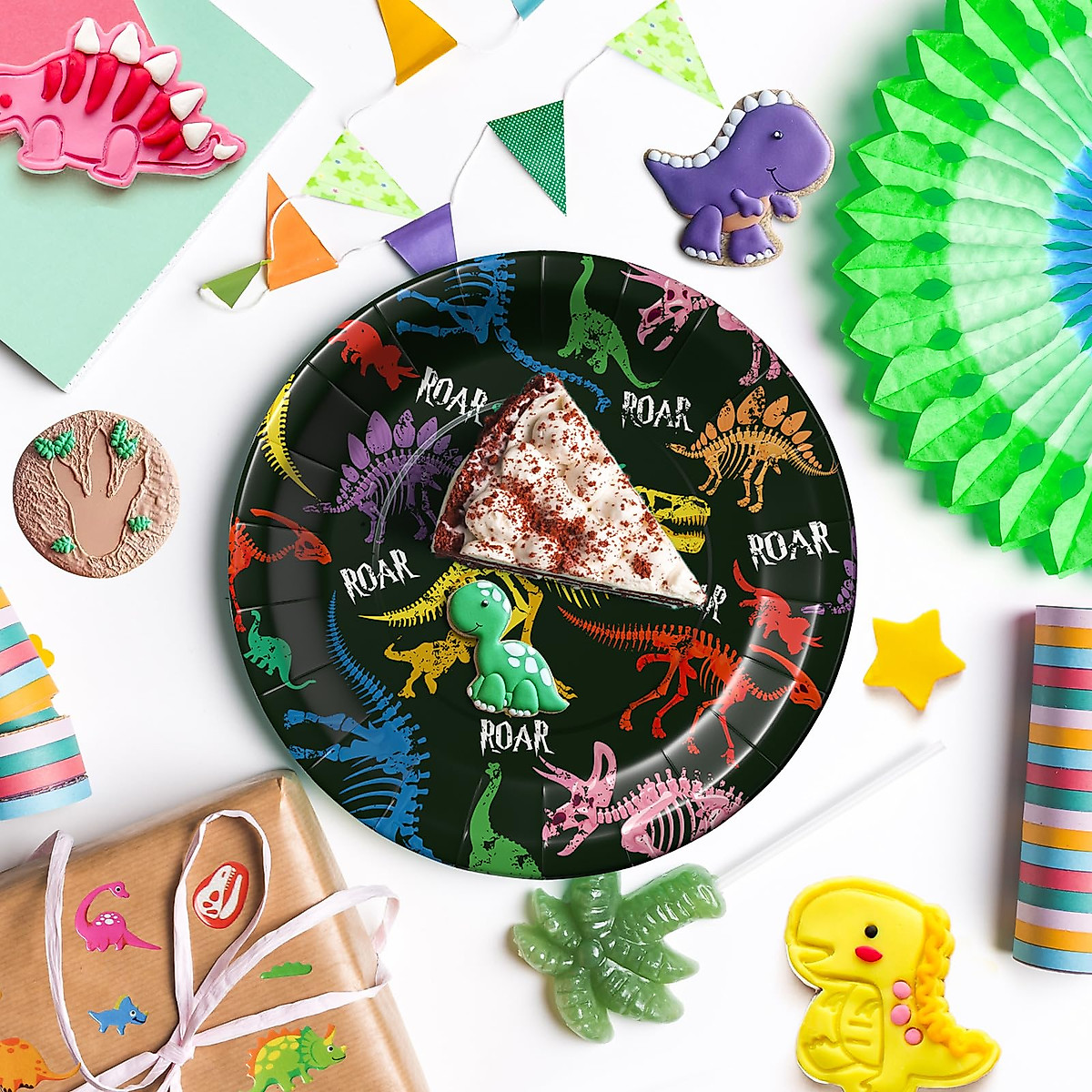 AFZMON Dinosaur Party Plates- 50 Pack 7’’ Disposable Three Rex Paper Cake Plates, Dinosaur World Themed Birthday Party Supplies Decorations Tableware for Kids Baby Shower