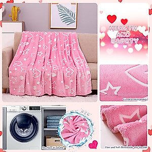 Cloele Glow in The Dark Heart Stars Blanket,Pink Throw Blanket Birthday Gift for 2 3 4 5 6 7 8 9 10 Year Old Kids Girls - Heart Flannel Throw Blanket Glowing Luminous Birthday Valentines Gifts,50"x60"