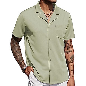 COOFANDY Men's Short Sleeve Button Down Shirt Wrinkle Free Untucked Dress Shirts Summer Beach Fitted Cuban Shirt Green